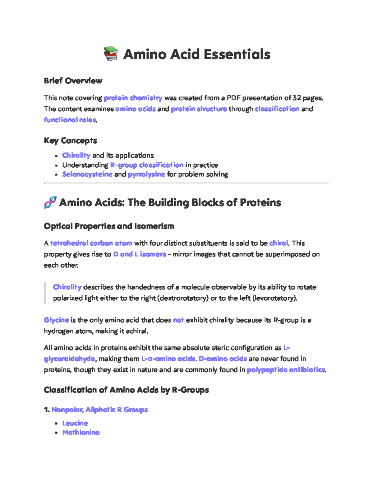 Amino Acid Essentials: Key Concepts and Functions - Studocu