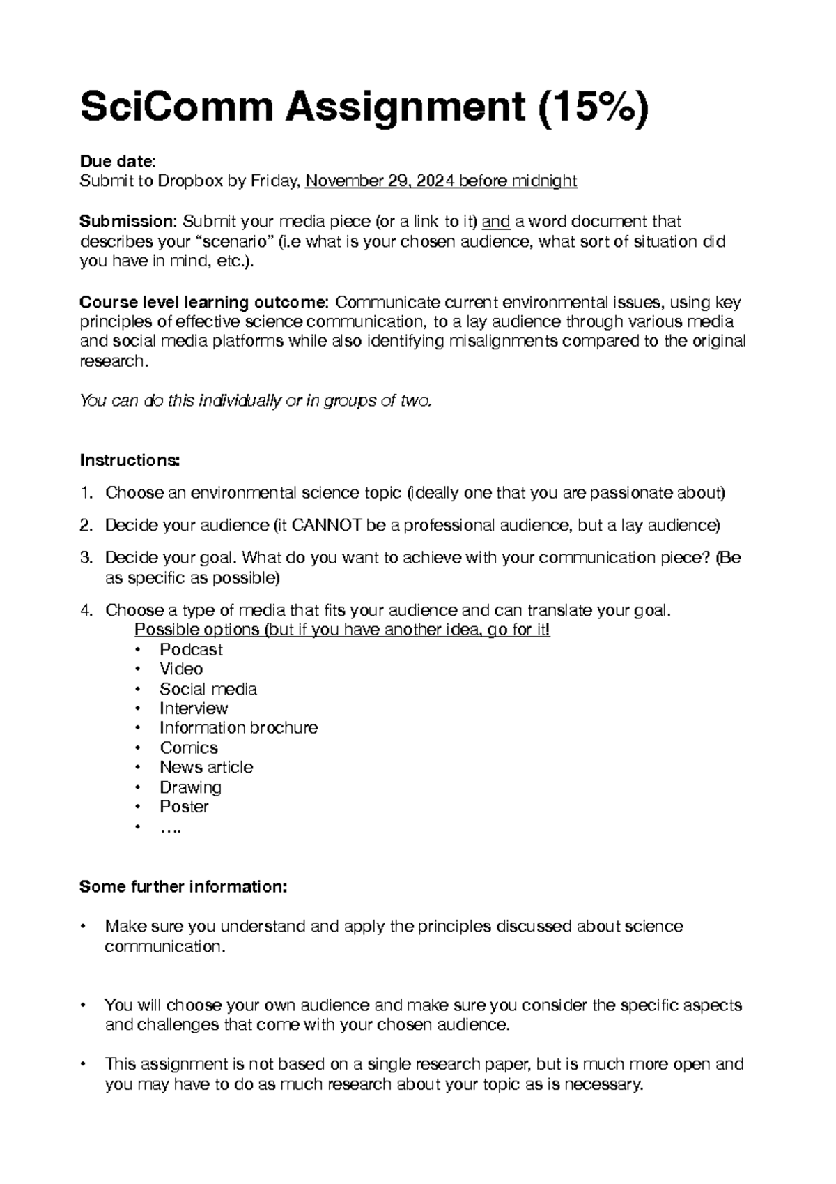 Sci Comm Outline Rubric ENVS 2230 FS24 - SciComm Assignment (15%) Due ...