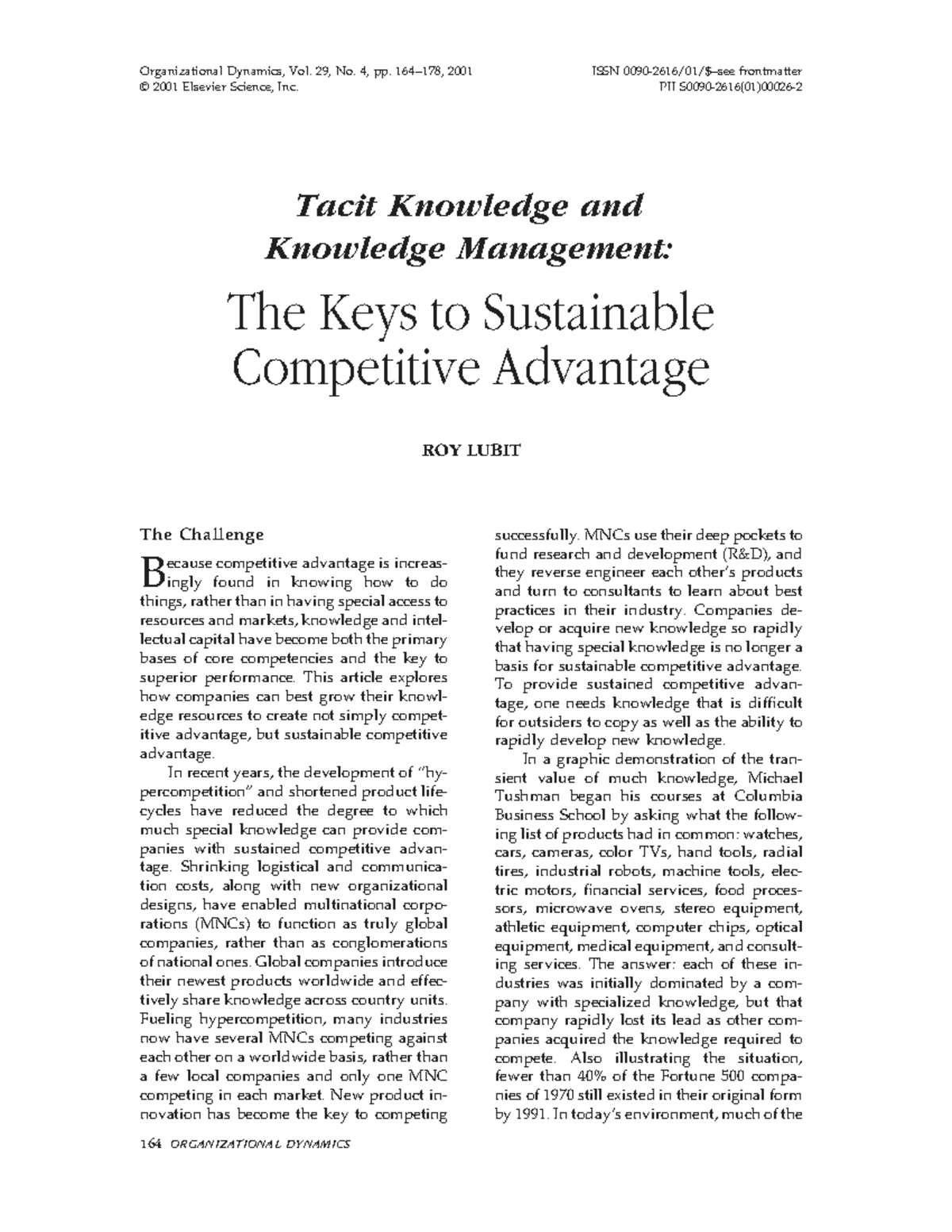 Tacit Knowledge & Knowledge Management: Keys to Competitive Advantage (W2) - Studocu