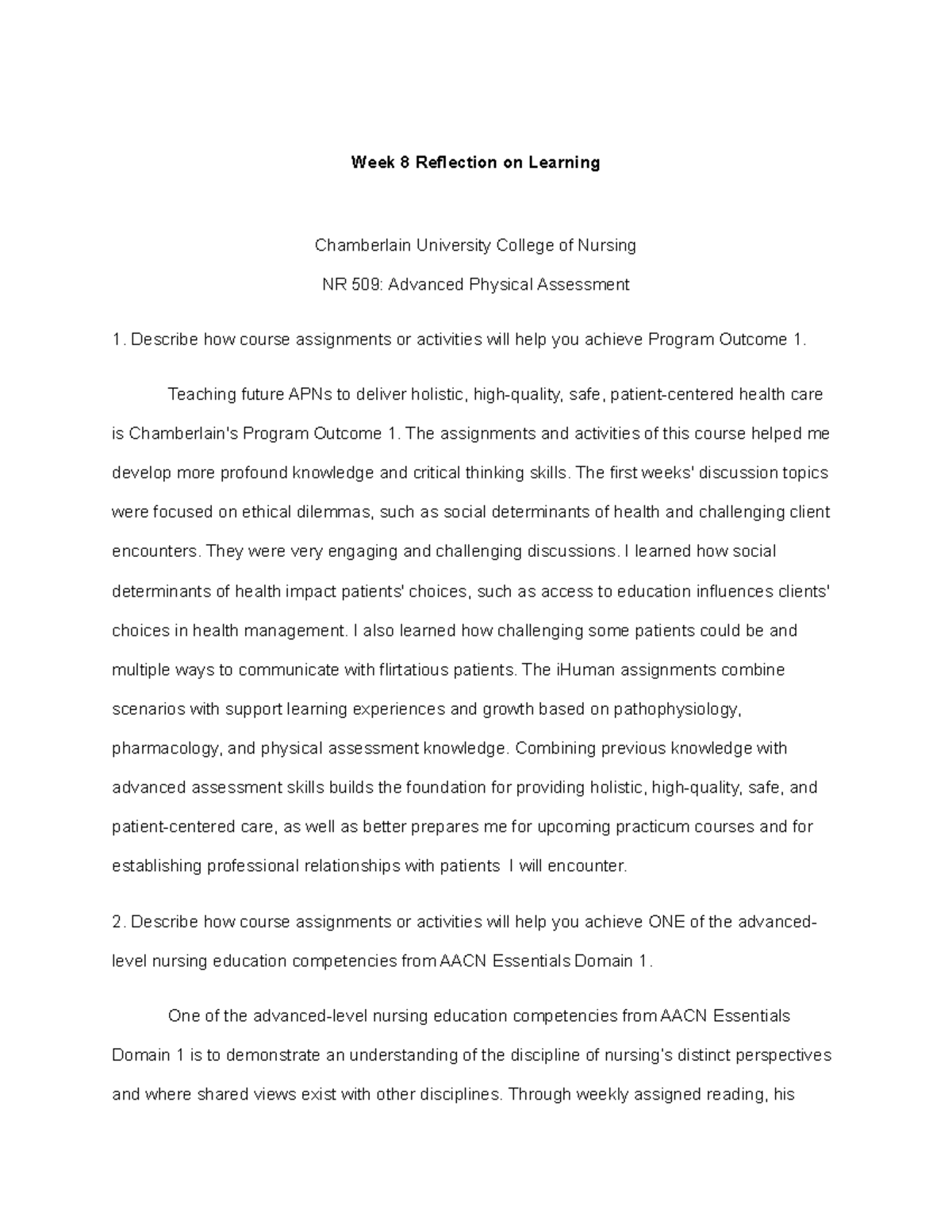 NR 509 Week 8 Reflection: Achieving Program Outcomes & Competencies - Studocu