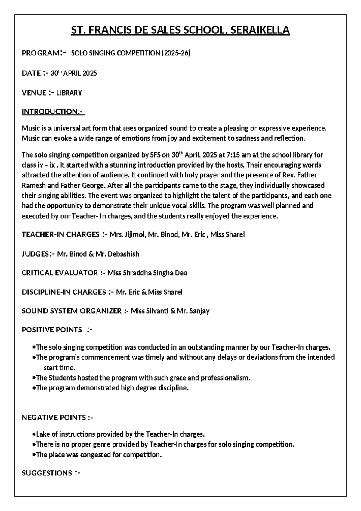 SFS School Solo Singing Comp. Evaluation - 30th April 2025 - Studocu