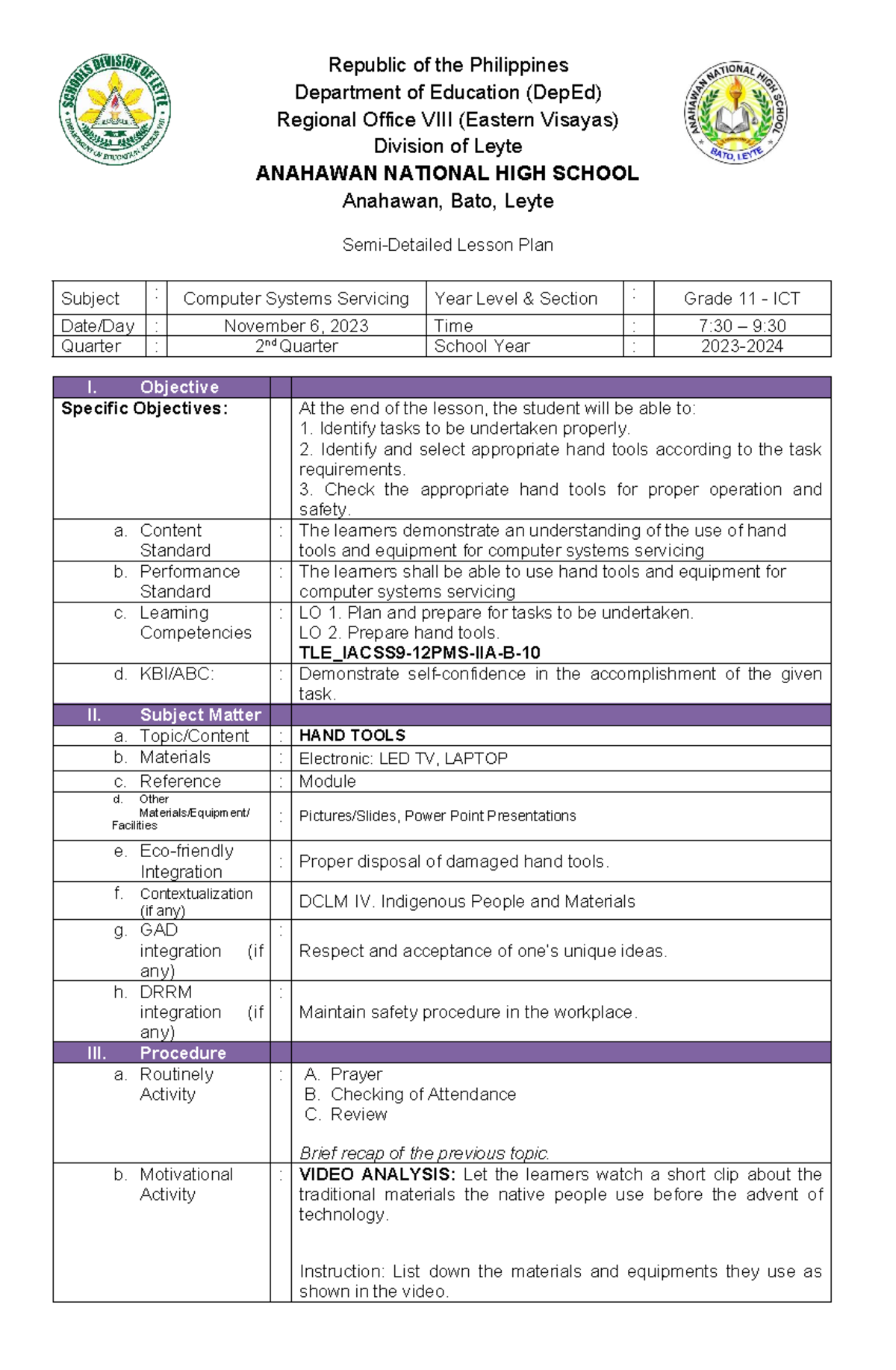 Grade 11 ICT Lesson Plan: Hand Tools in Computer Systems Servicing ...