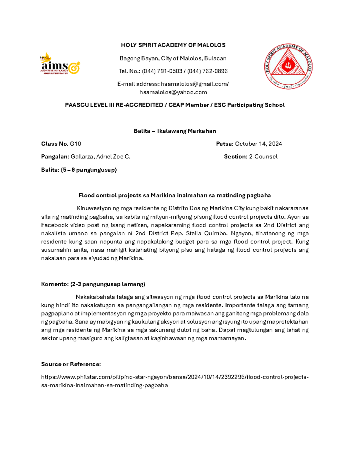 G10 Balita: Flood Control Projects sa Marikina - Isyu at Solusyon - Studocu