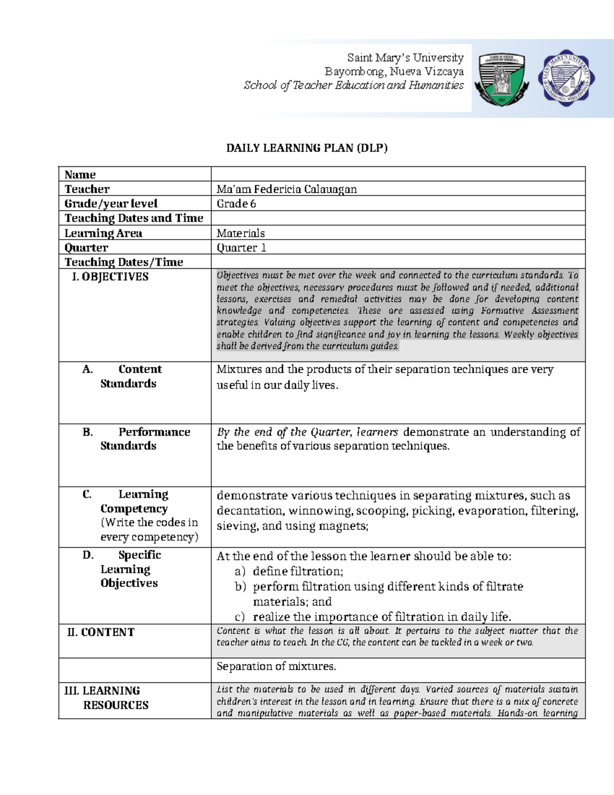 Daily Learning Plan (DLP) for Grade 6 Science: Separation of Mixtures ...