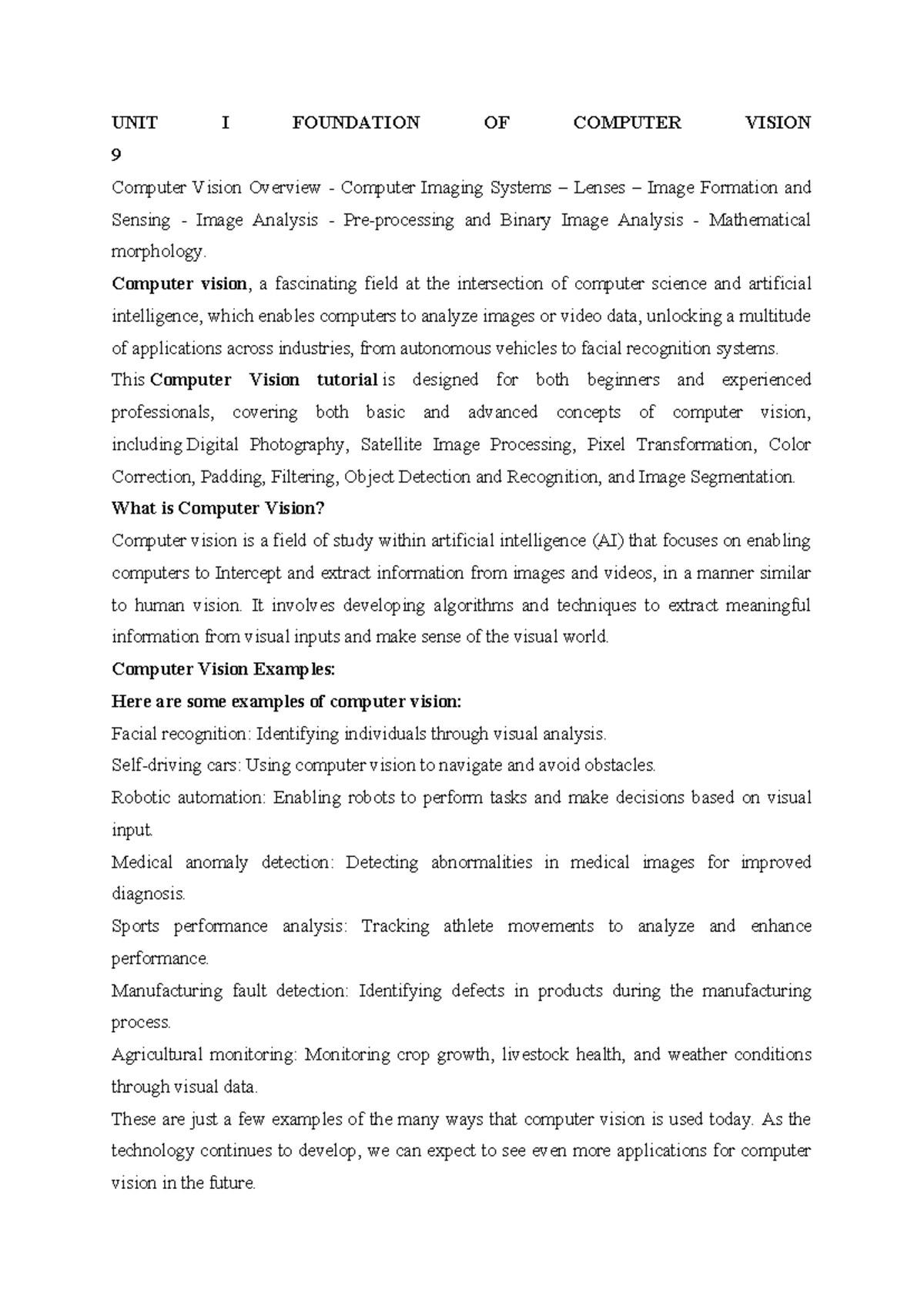 Computer Vision Fundamentals: CV 101 Lecture Notes - Studocu