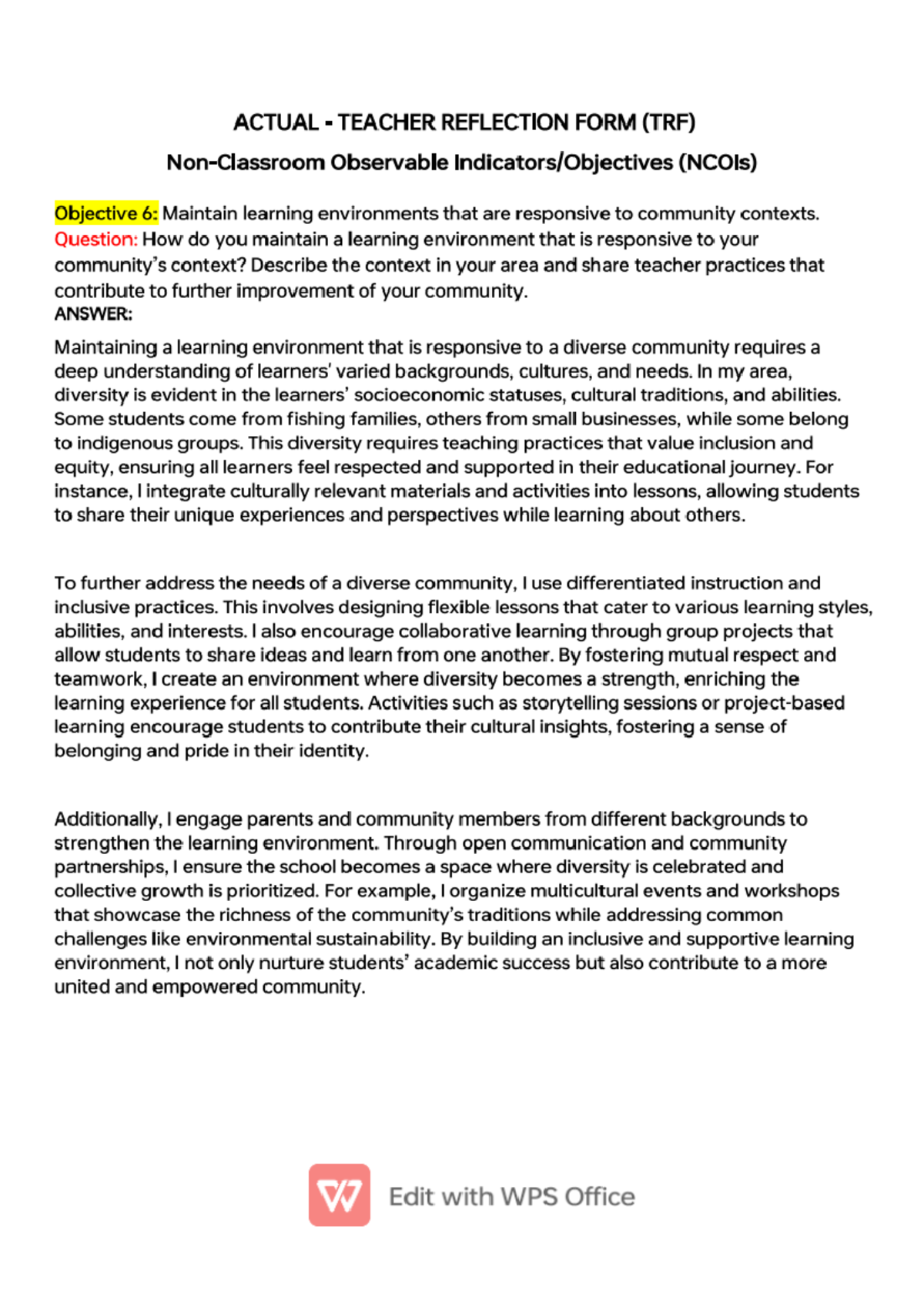 Actual Teacher Reflection Form (TRF) Responses and Insights - Studocu