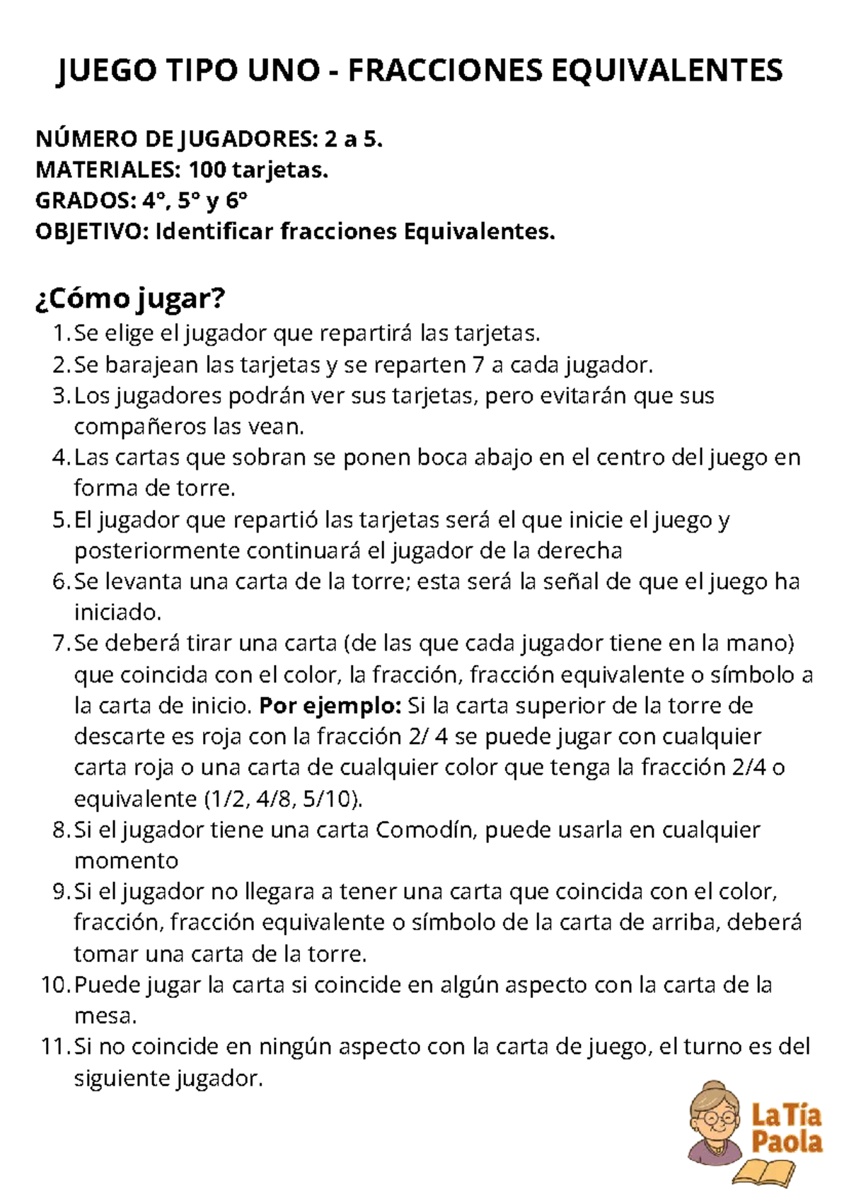 Juego Tipo UNO: Fracciones Equivalentes y Reglas de Juego - Studocu