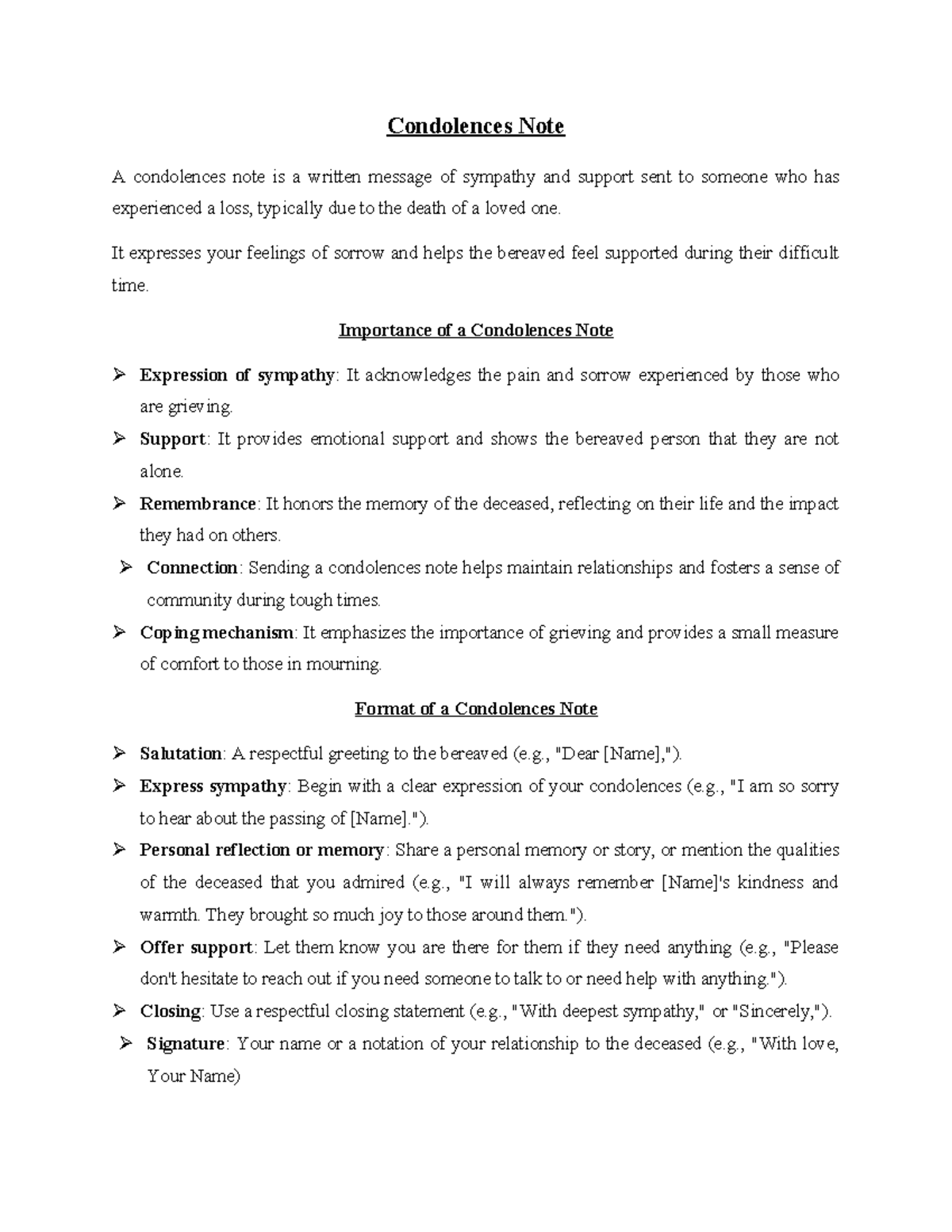 Condolences Note - Notes - Condolences Note A condolences note is a ...