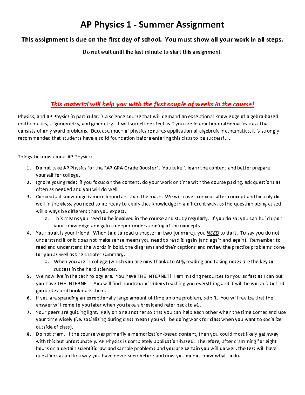 AP Physics 1 Summer Assignment: Essential Prep for Success - Studocu