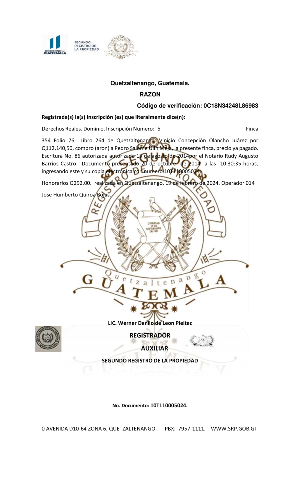 Certificación Segundo Registro Propiedad - Quetzaltenango 2024 - Studocu