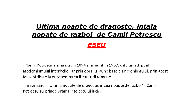Ultima Noapte DE Dragoste DE Camil Petrescu - Limba romana - Ultima ...