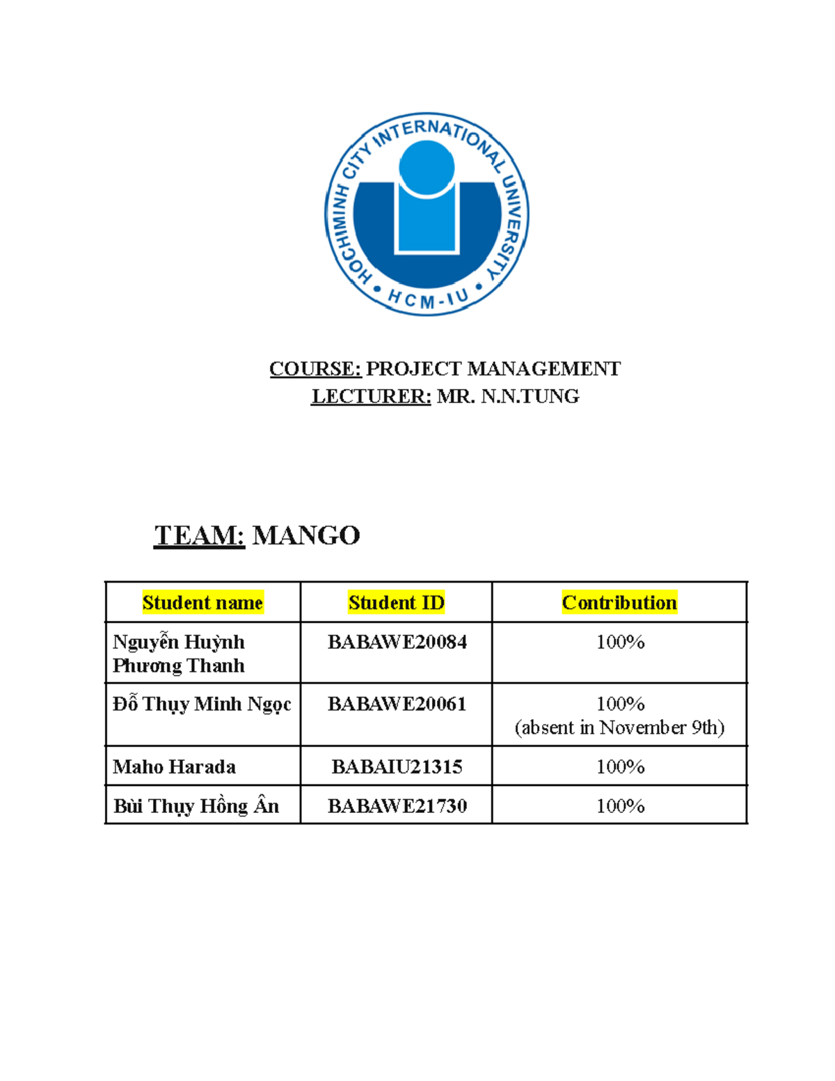 Case 'ABI' in Project Management textbook - COURSE: PROJECT MANAGEMENT LECTURER: MR. N.N TEAM ...