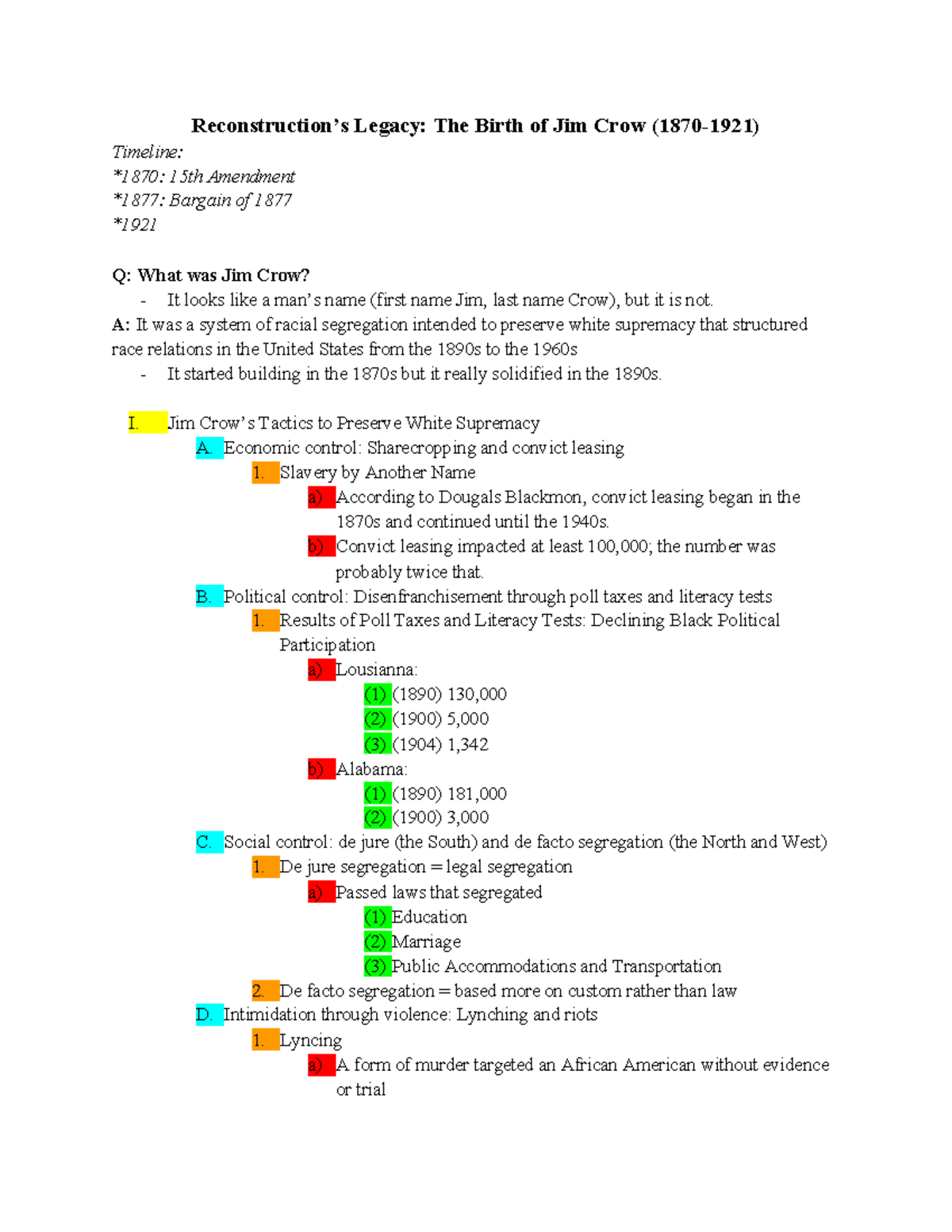Notes: The Birth of Jim Crow (1870-1921) Analysis and Overview - Studocu