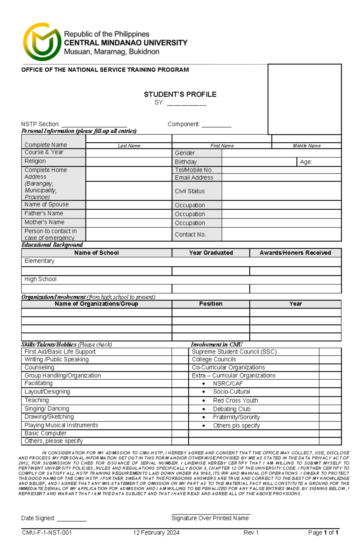 CMU NSTP Student Profile Form SY 2024 - Personal Information - Studocu