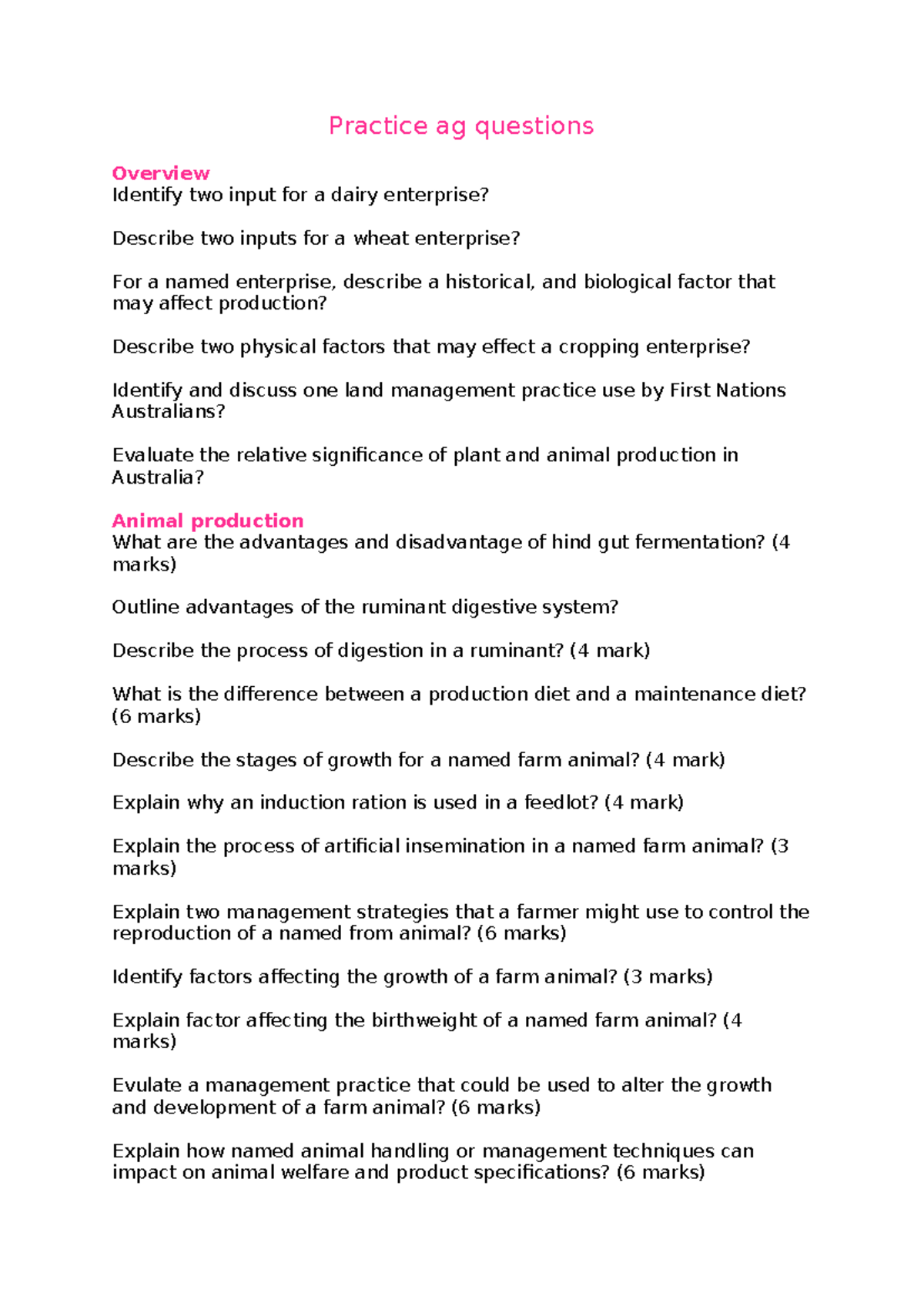 Practice ag questions - Practice ag questions Overview Identify two ...