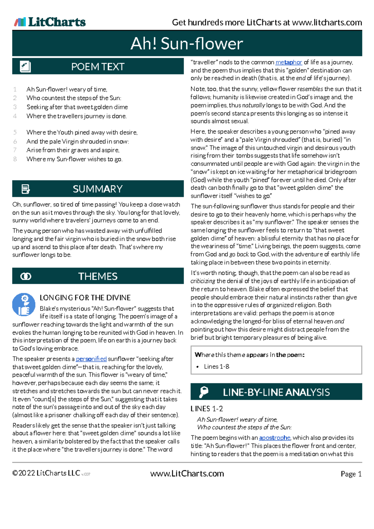 LitCharts: Analysis of "Ah, Sunflower" by William Blake - Studocu