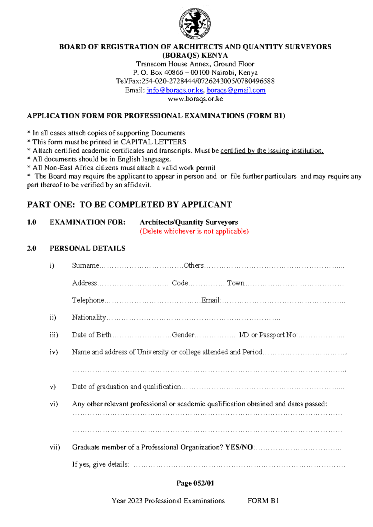 BORAQS Exam Application Form 2023 - Professional Examinations (FORM B1 ...