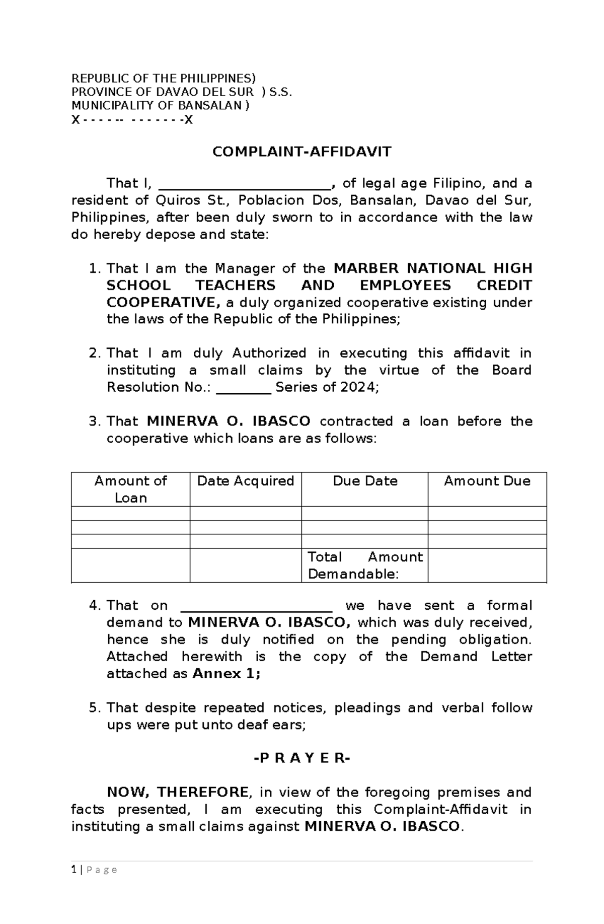 Complaint Affidavit for Small Claims - Davao del Sur - Studocu
