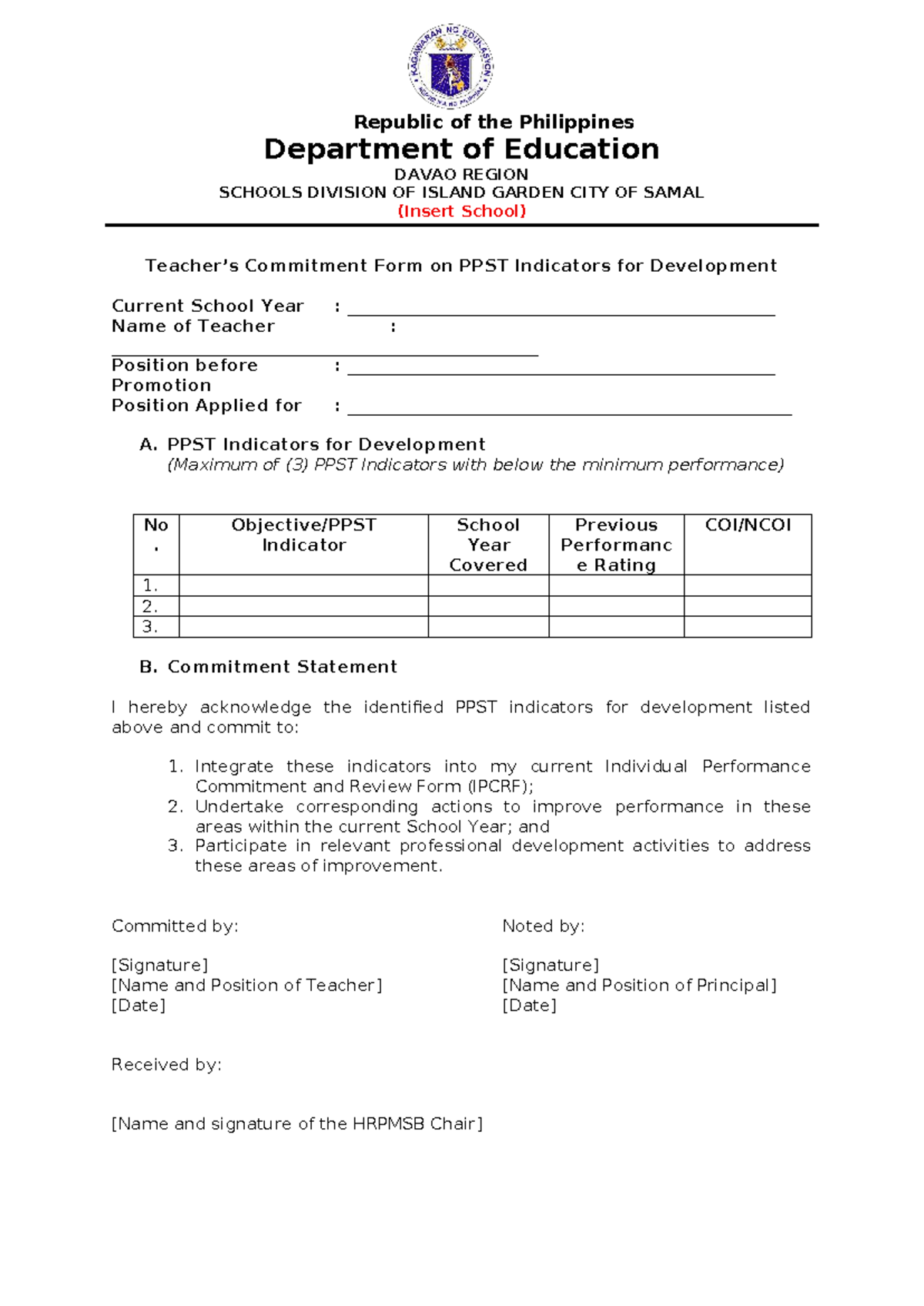 Teachers' Commitment Form on PPST Indicators for Development - Studocu