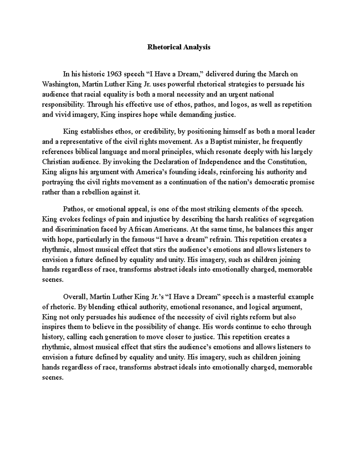 Rhetorical Analysis of MLK's "I Have a Dream" Speech - Studocu