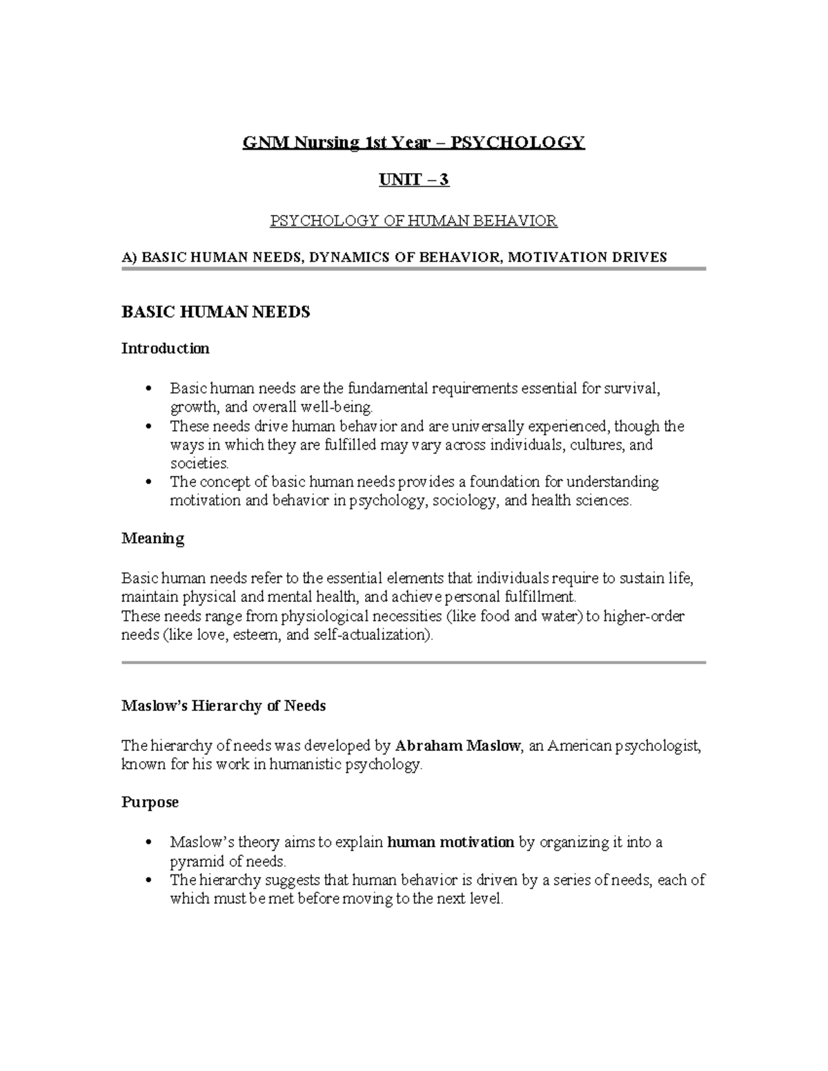 GNM Nursing 1st Year Psychology Unit 3: Human Behavior & Motivation ...