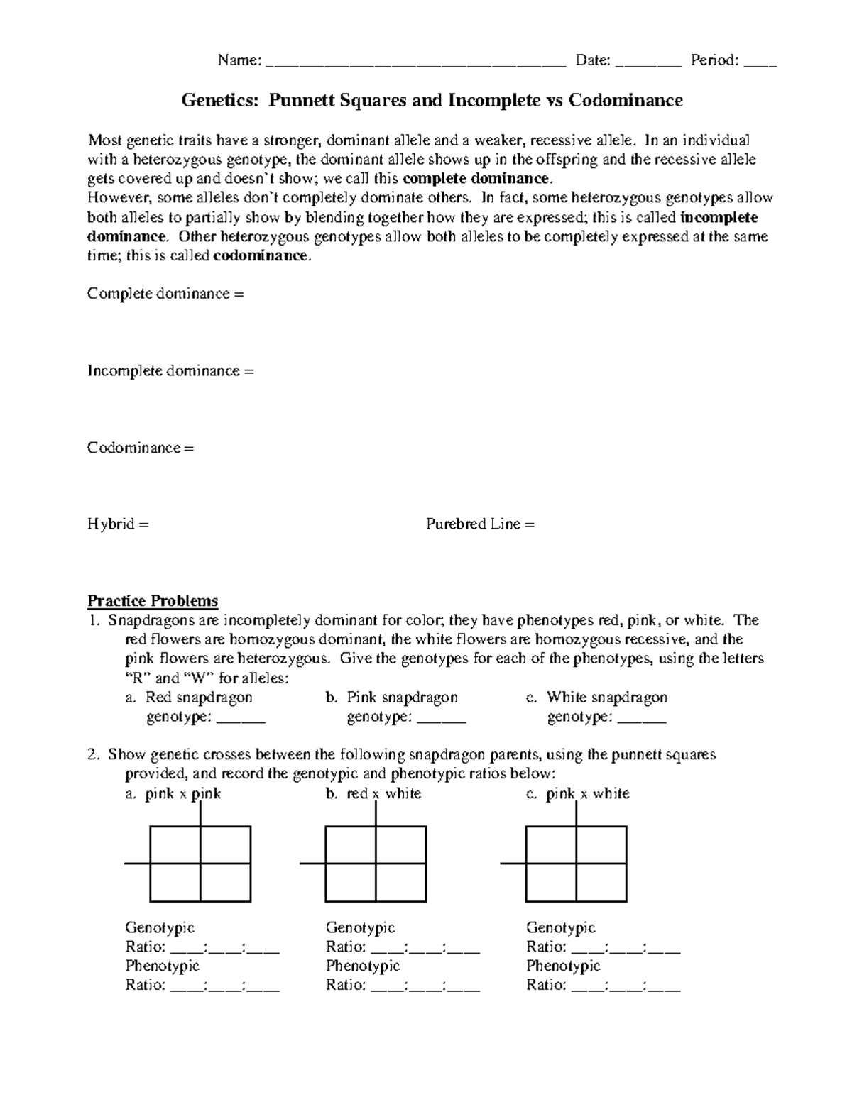Genetics 101: Punnett Squares, Incomplete & Codominance Concepts - Studocu