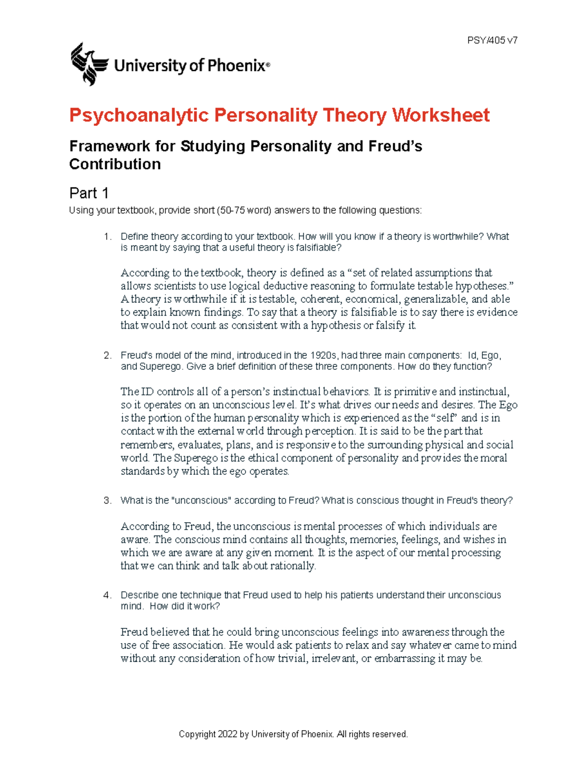 PSY/405 - Psychoanalytic Personality Theory Worksheet (Wk 1) - Studocu