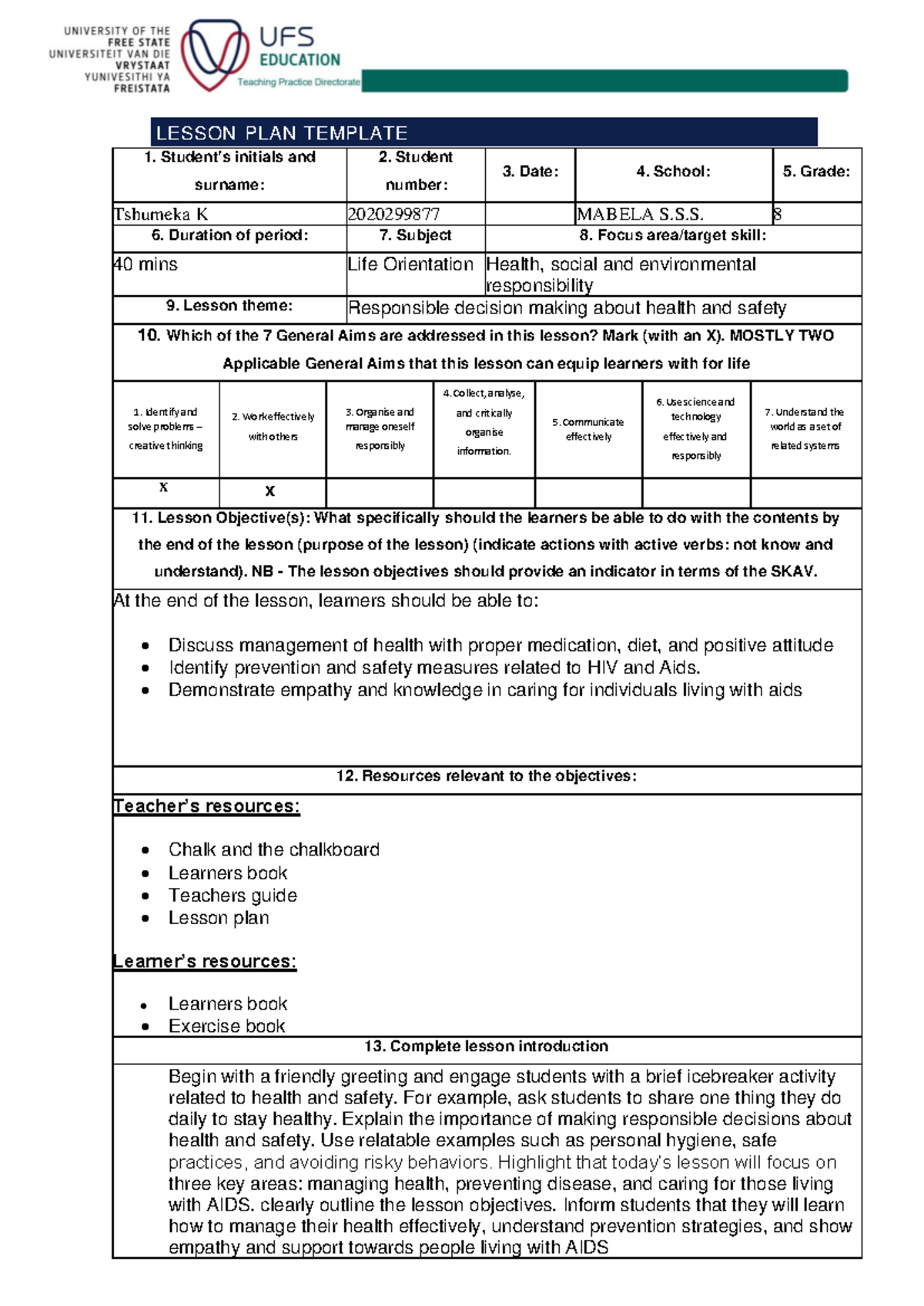 Lesson Plan for L.O 2: Responsible Health & Safety Decisions - Studocu