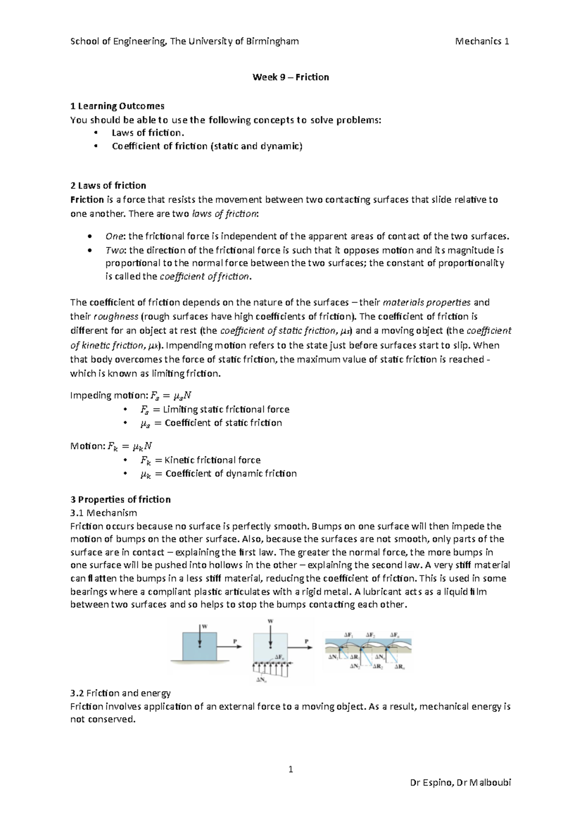 Mechanics 1 - Week 9: Friction and Energy Concepts - 1 Dr Espino, Dr ...