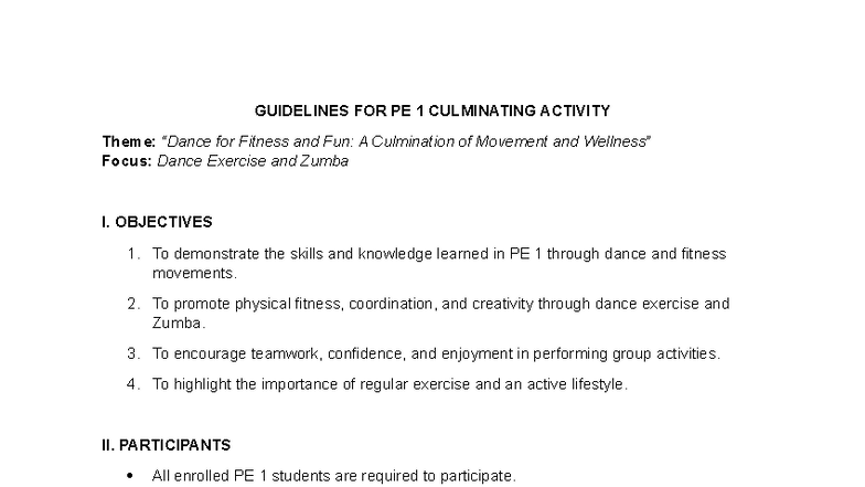 PE 1 Culminating Activity Guidelines: Dance & Zumba Performance - Studocu