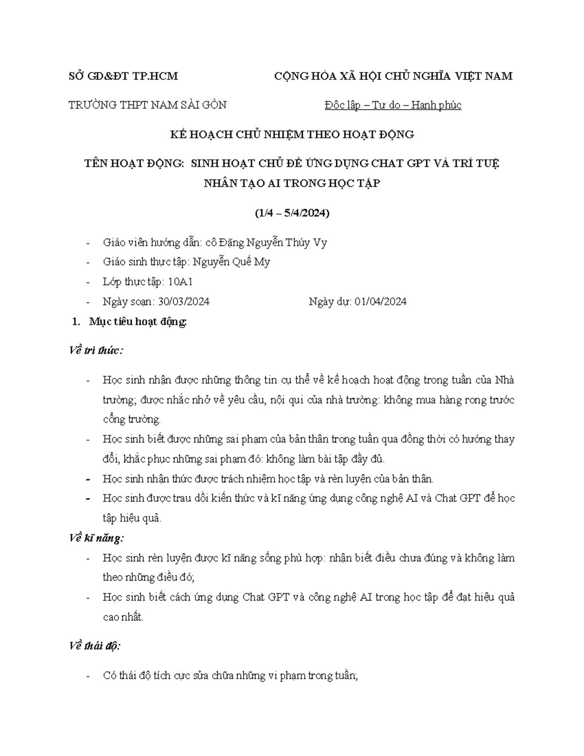 Giáo Án Chủ Nhiệm Lớp 10A1: Ứng Dụng Chat GPT & AI Trong Học Tập - Studocu