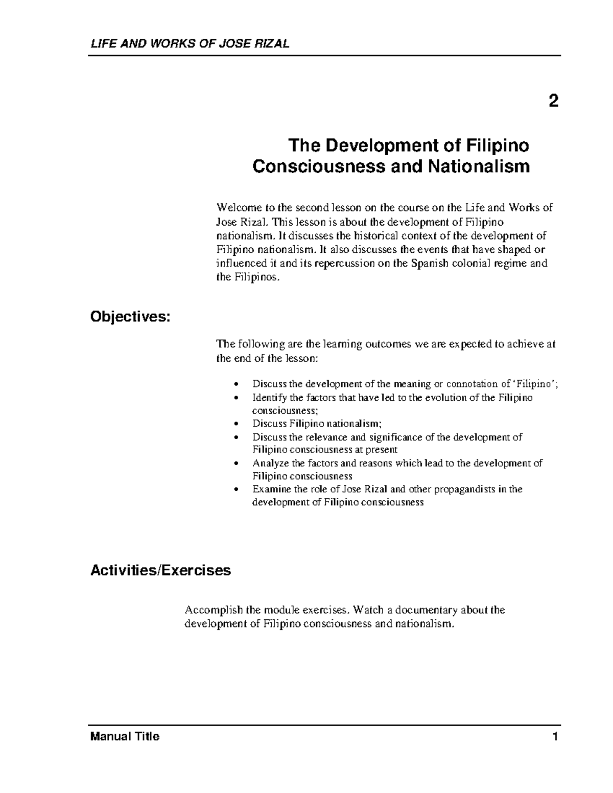 LIFE AND WORKS OF JOSE RIZAL: Week 2 on Filipino Nationalism - Studocu