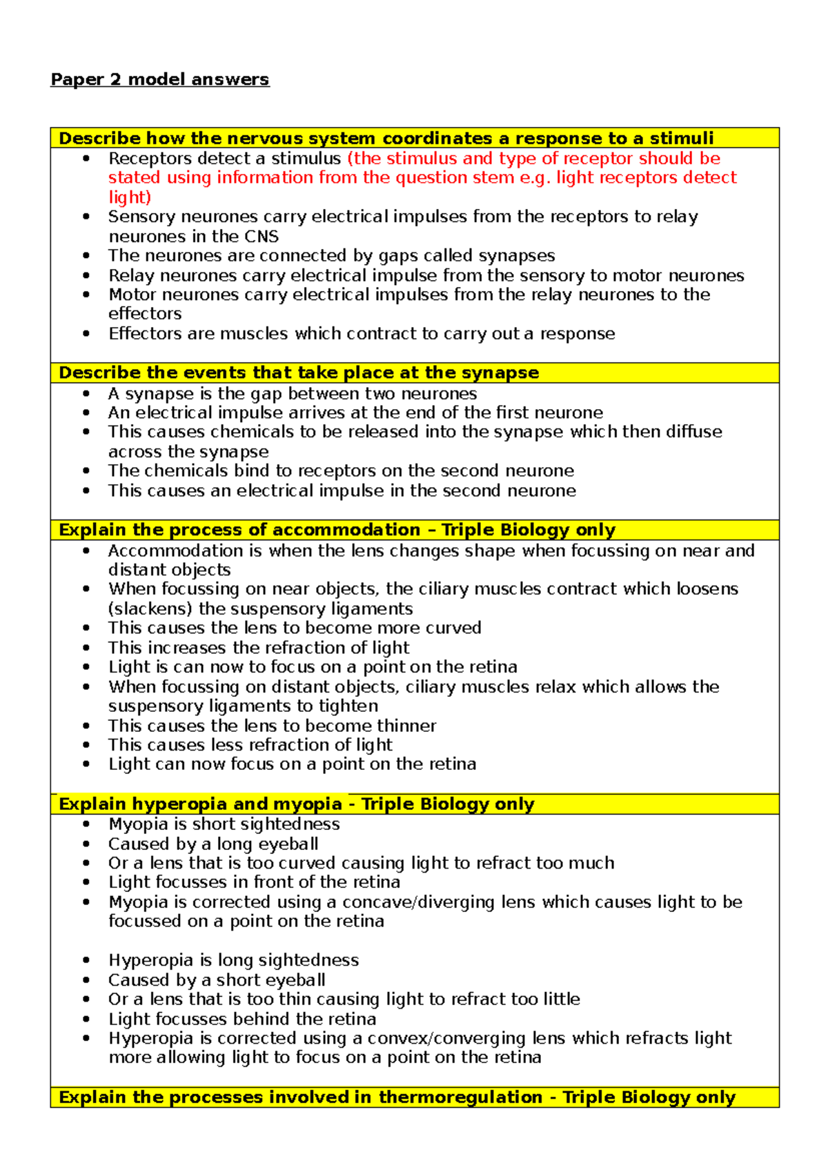 Paper 2 Model Answers: Nervous System, Hormones, and Ecology (Triple ...