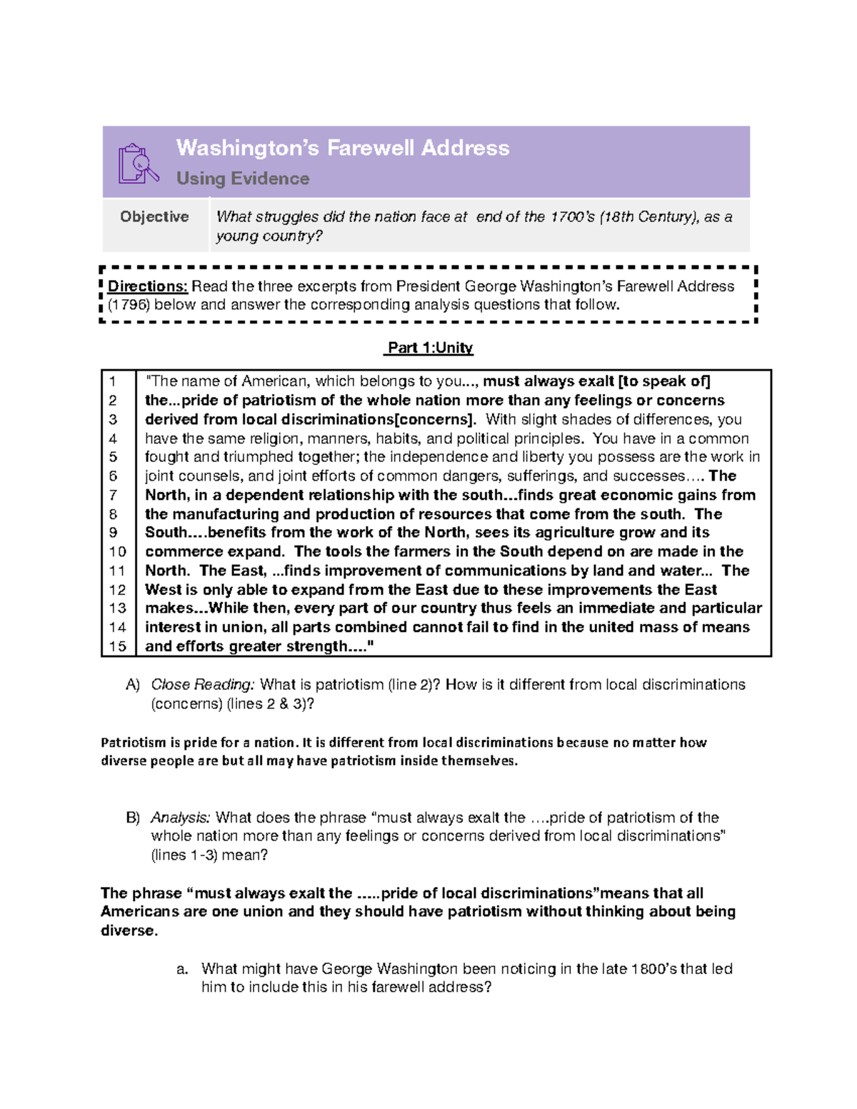 Using Evidence: Analysis of Washington's Farewell Address (English ...