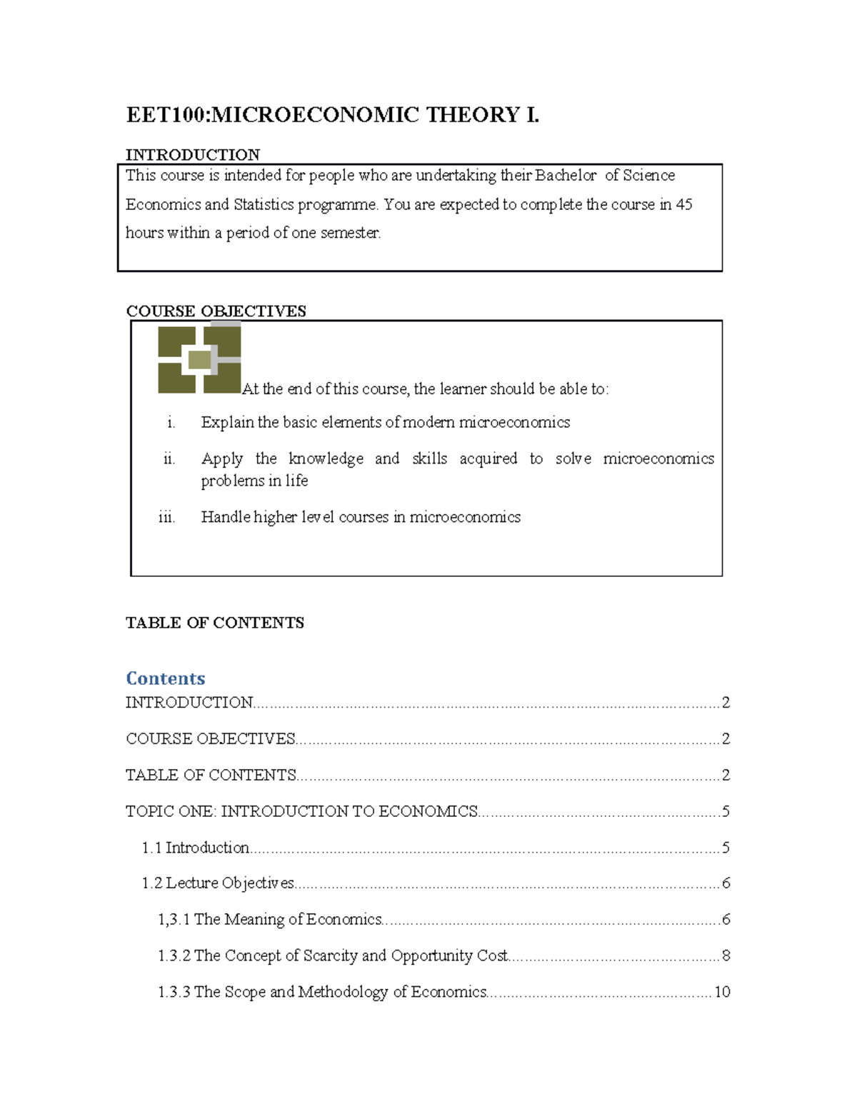 Eet100 Lecture Notes Microeconomic Theory Overview And Key Concepts