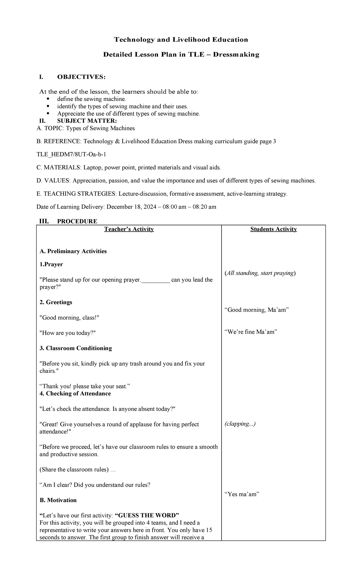 TLE HE-4B - Detailed Lesson Plan on Sewing Machines in TLE - Studocu