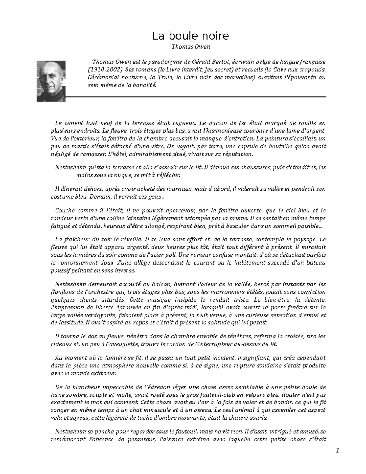 Analyse de "La boule noire" - Textes de Thomas Owen - Studocu