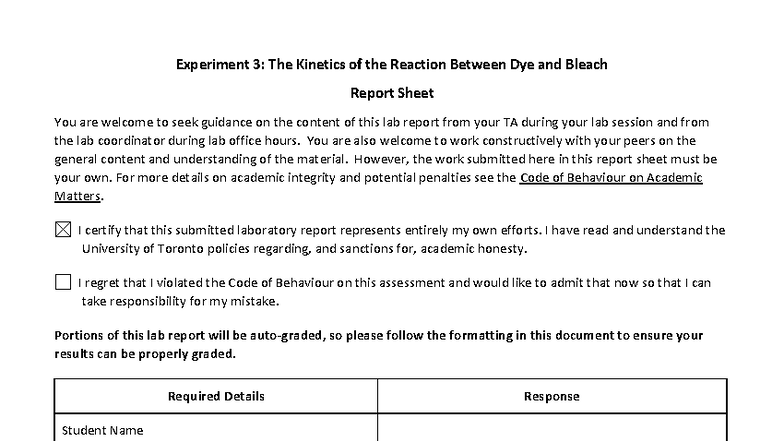 CHM135 Lab 3: Kinetics of Dye and Bleach Reaction Report Sheet - Studocu