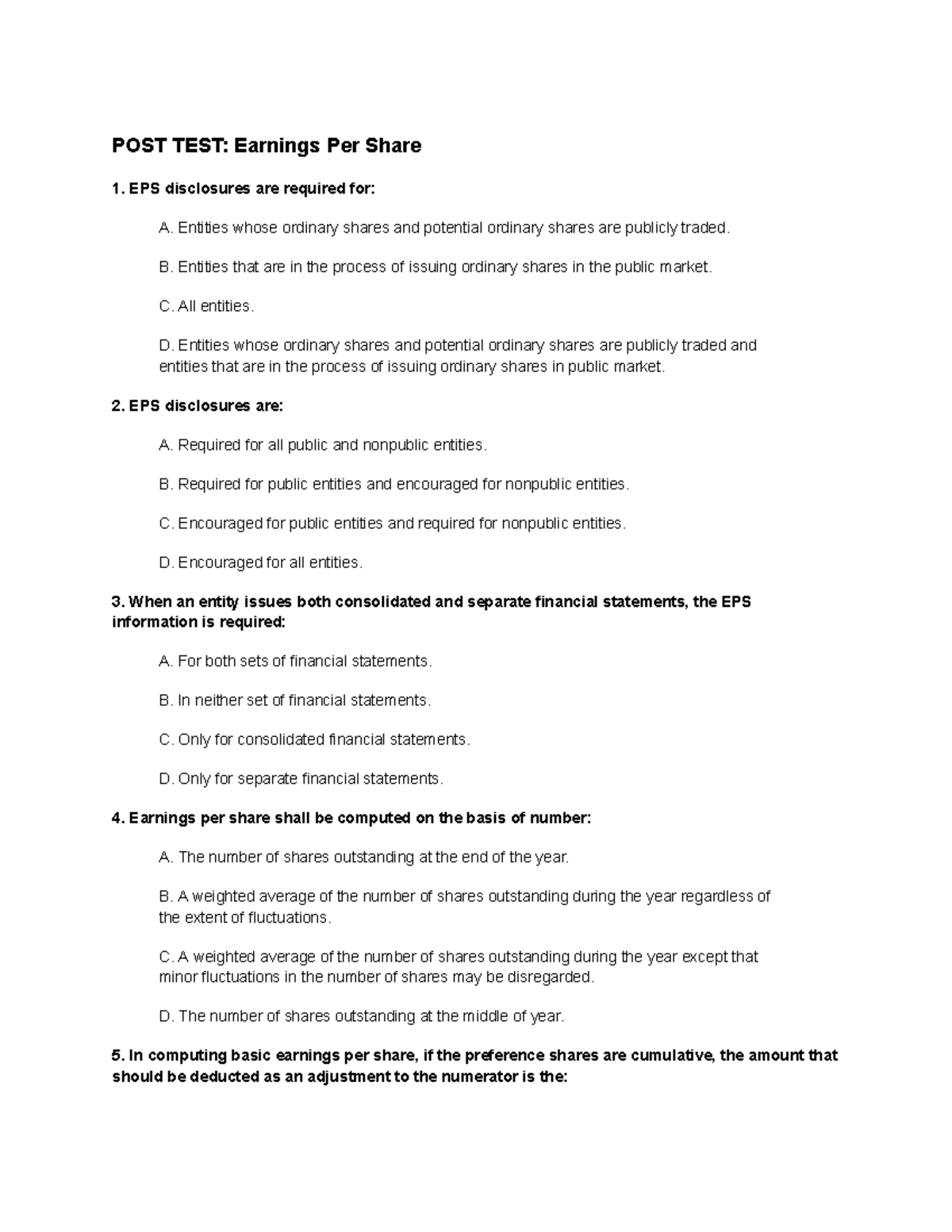POST TEST: Review of EPS Disclosures and Calculations - Studocu