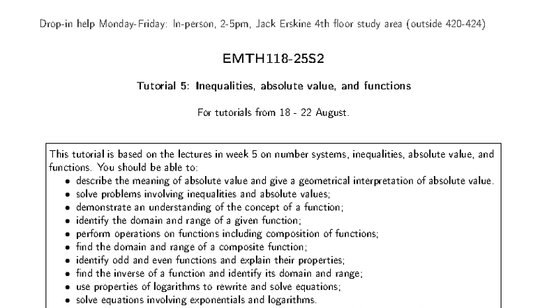 EMTH118 S2 Tutorial 05: Inequalities, Absolute Value, and Functions ...