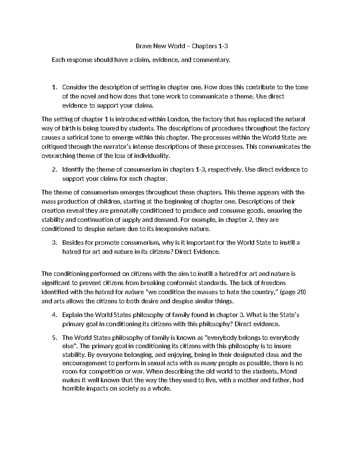 BNW1-3-1 - Book Report on Chapters 1-3 of Brave New World - Studocu