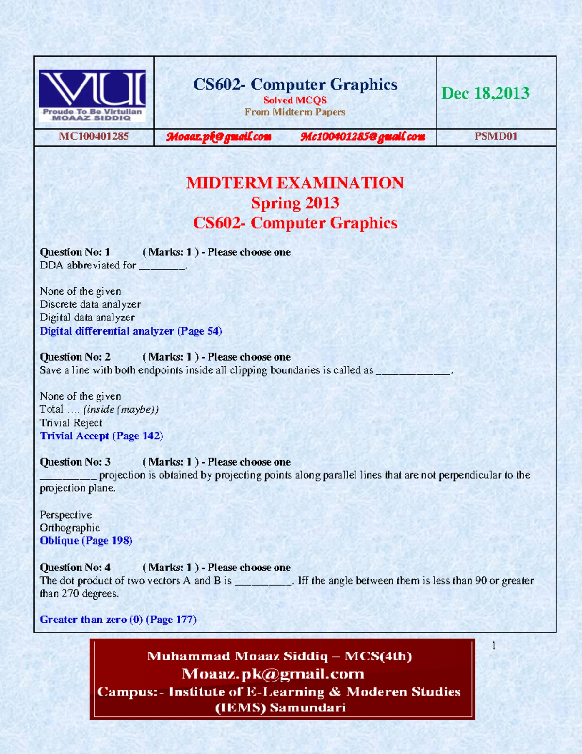 Cs602 Midterm Solved Mcqs Cs602 Computer Graphics Mcqs Midterm
