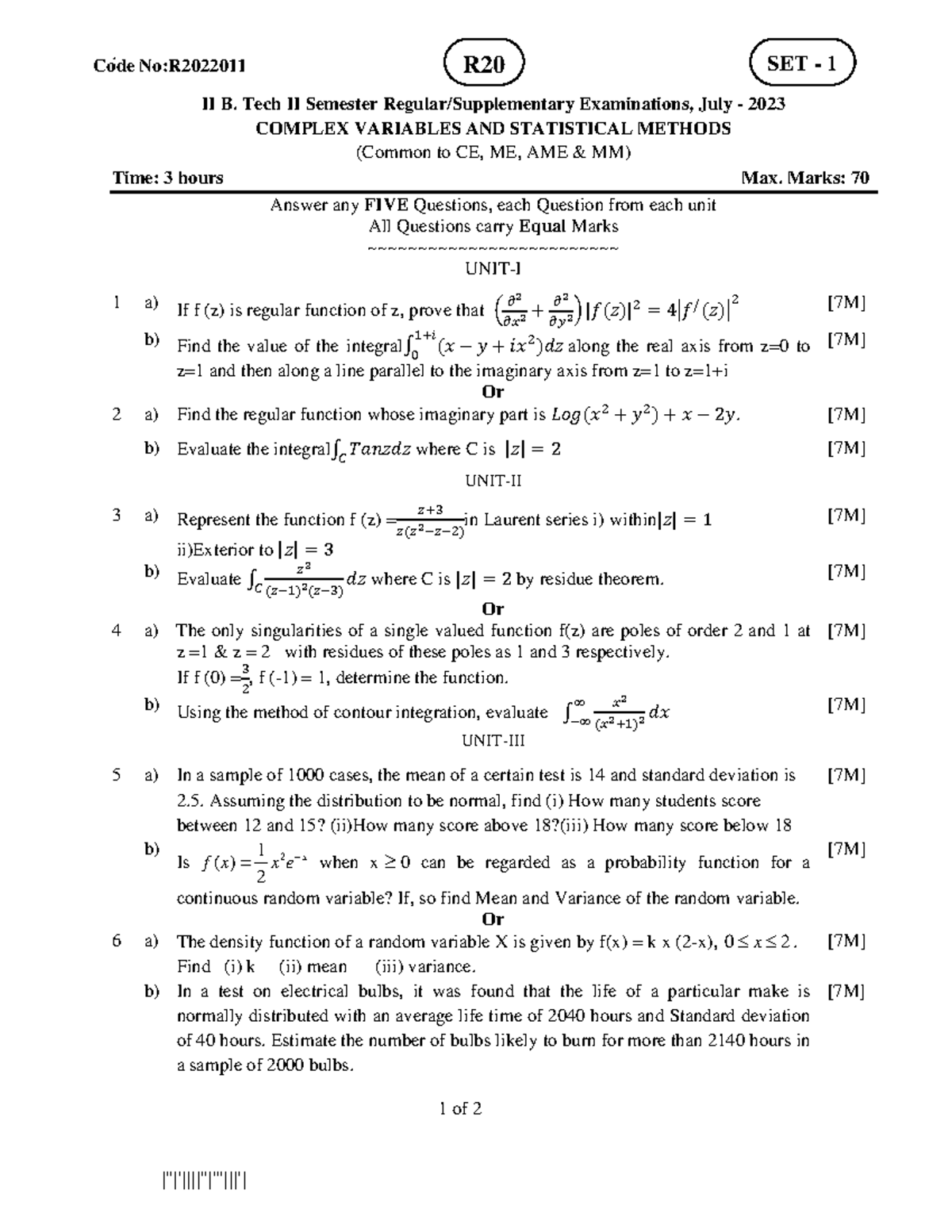 Complex Variables and Statistical Methods Exam R20 II B. Tech II Sem ...