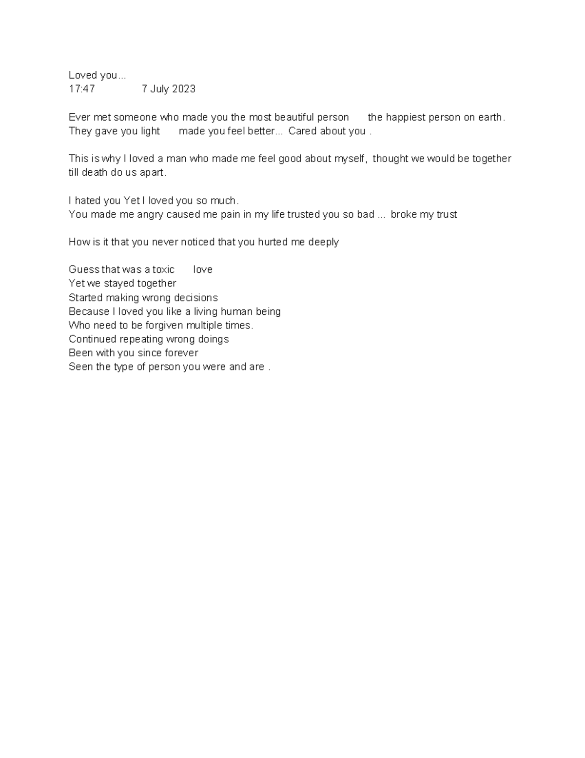 Grade 11 Poem: "Loved You" - A Reflection on Toxic Love - Studocu