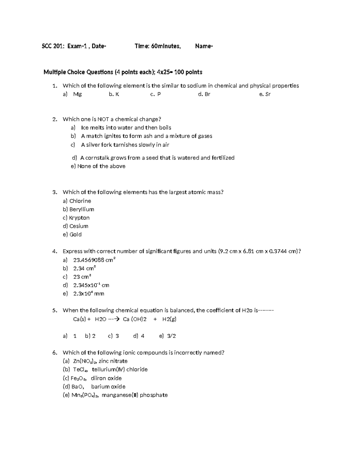 EXam Questions Scc 201 Test 1 - SCC 201: Exam-1 , Date- Time: 60minutes ...
