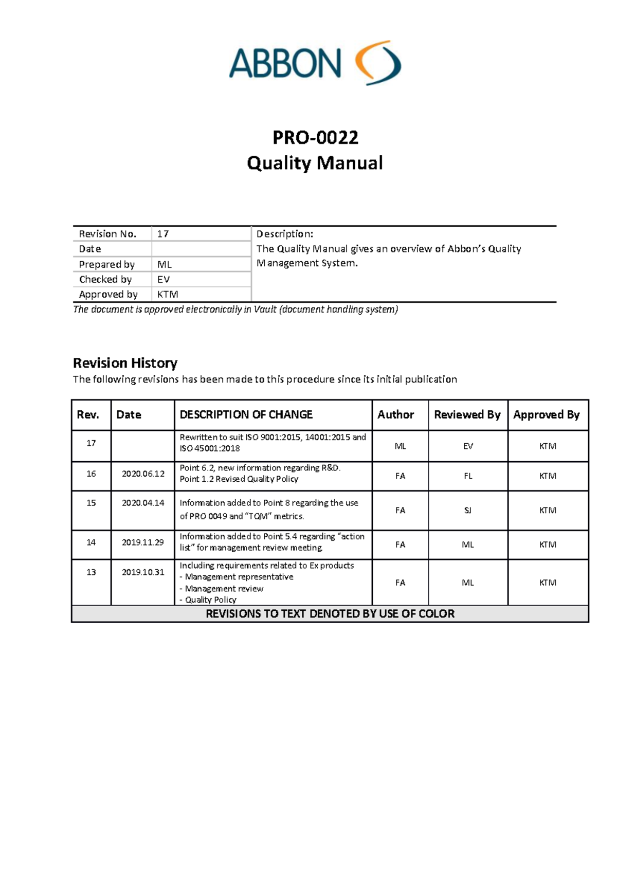 Abbon Quality Manual Revision 17: Overview & Updates on QMS - Studocu