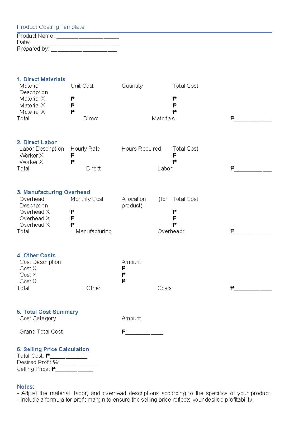 Product Costing Template Guide for Accurate Cost Calculation - Studocu