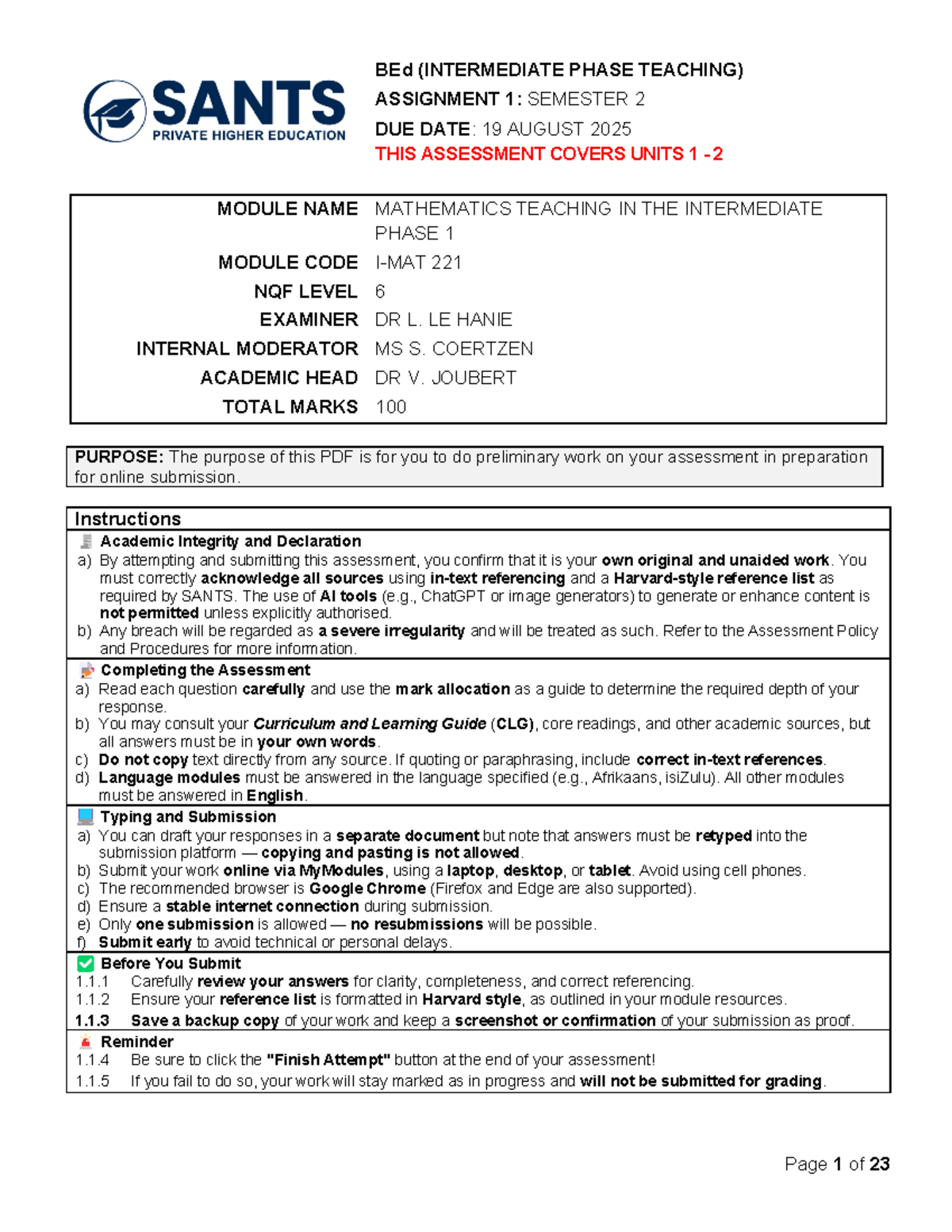 I-MAT 221 Assignment 1: Mathematics Teaching in Intermediate Phase ...