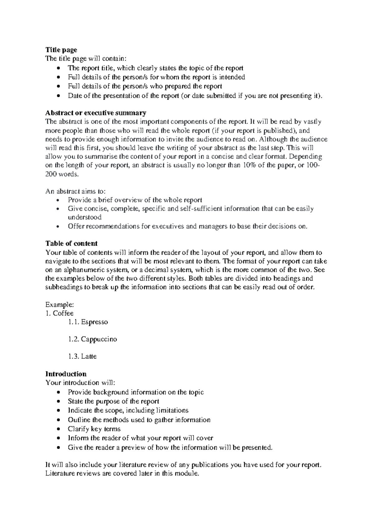Report writing format - Title page The title page will contain: - The ...