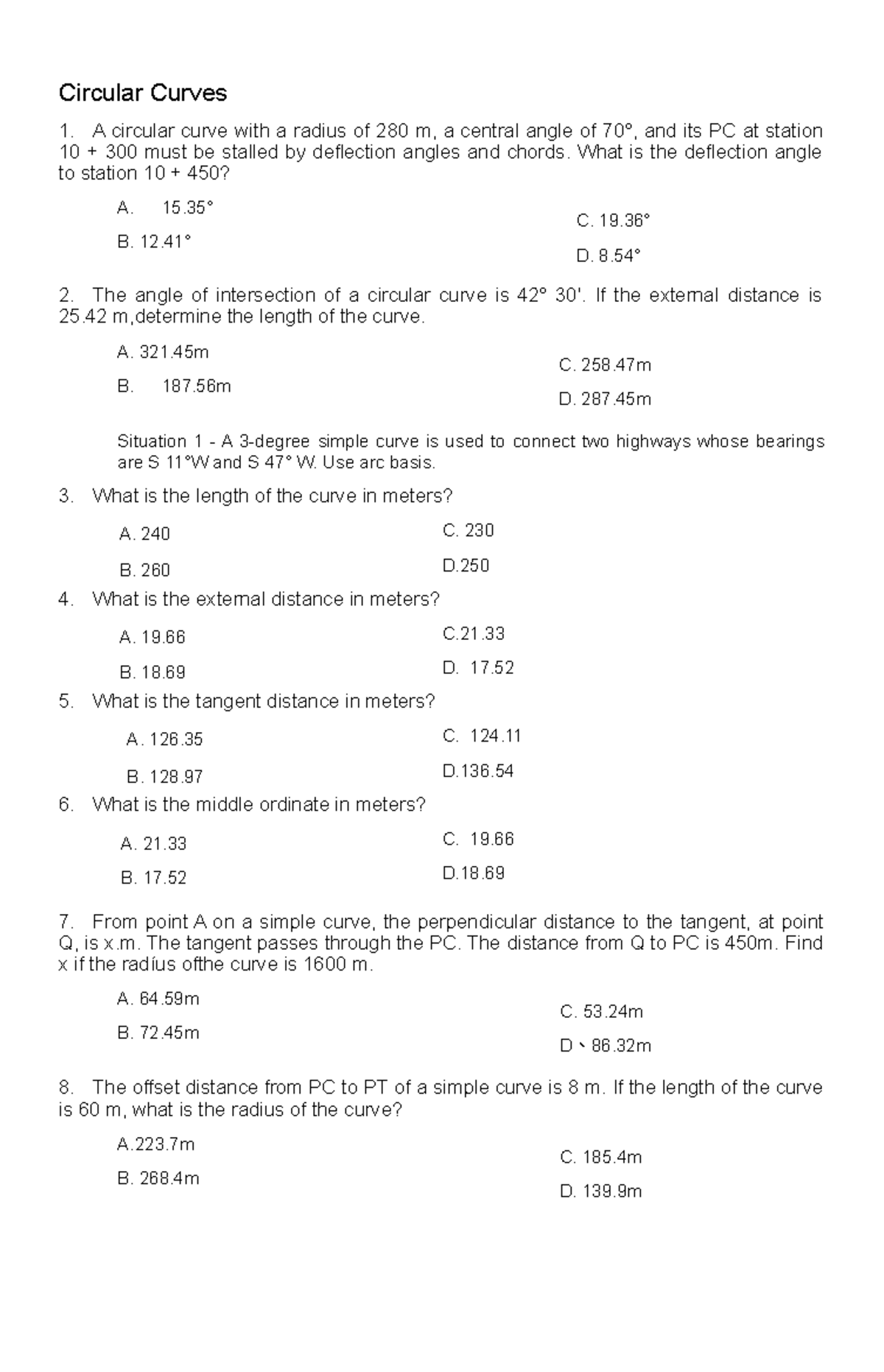 Circular Curves Solutions - CE 101 Final Exam Study Guide - Studocu
